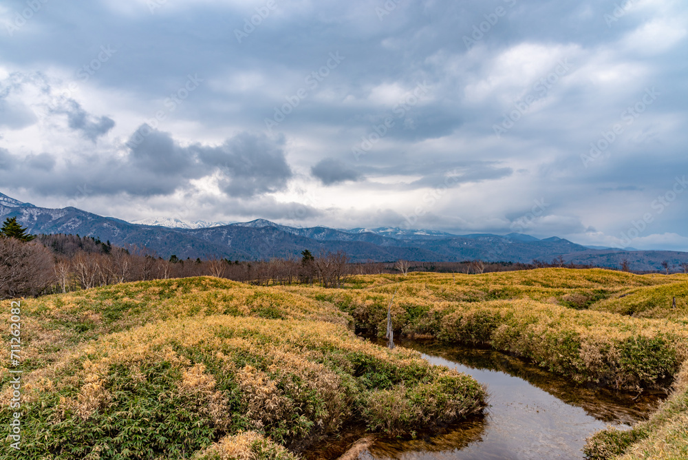 Shiretoko Goko Five Lakes area. Rolling mountain range and wetland in ...