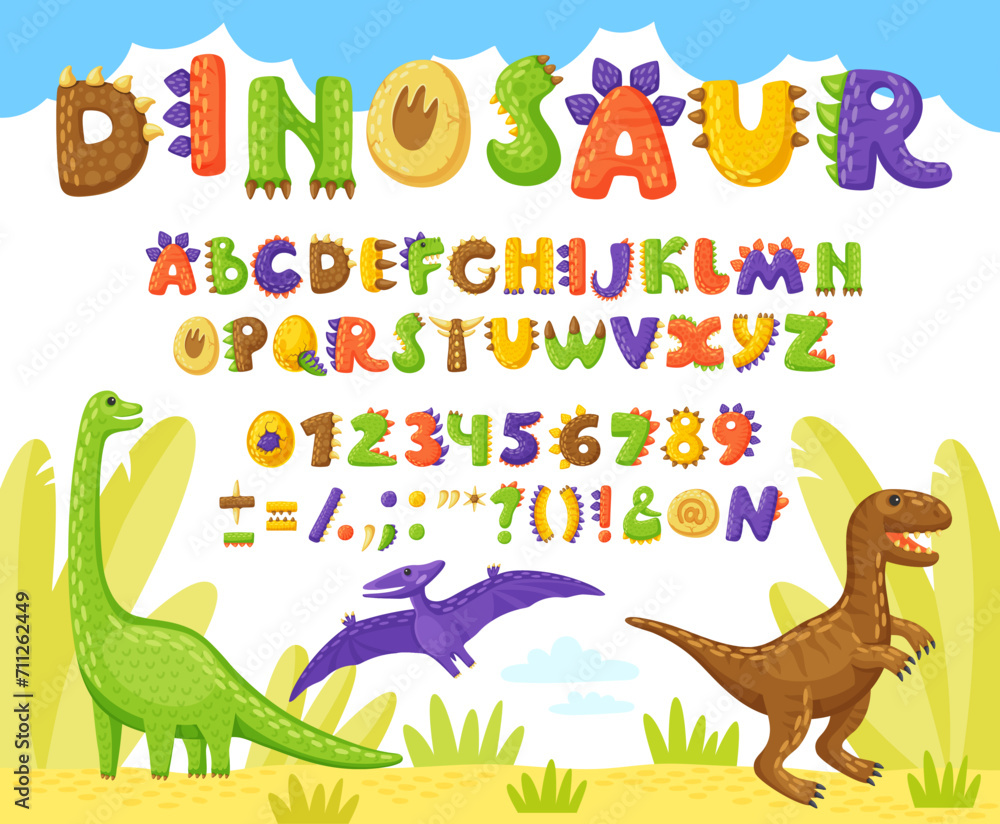 Cartoon dino font, dinosaur type or funny reptile typeface with animals ...