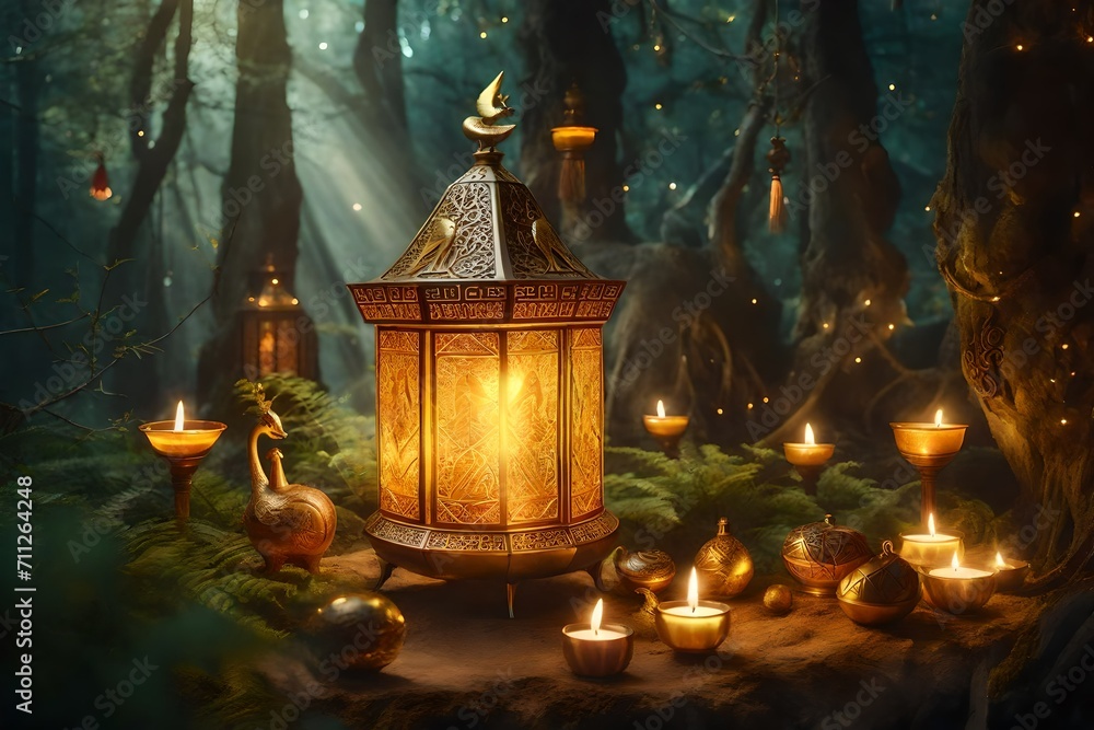 A mystical magic lamp adorned with ancient runes, emitting a soft ...