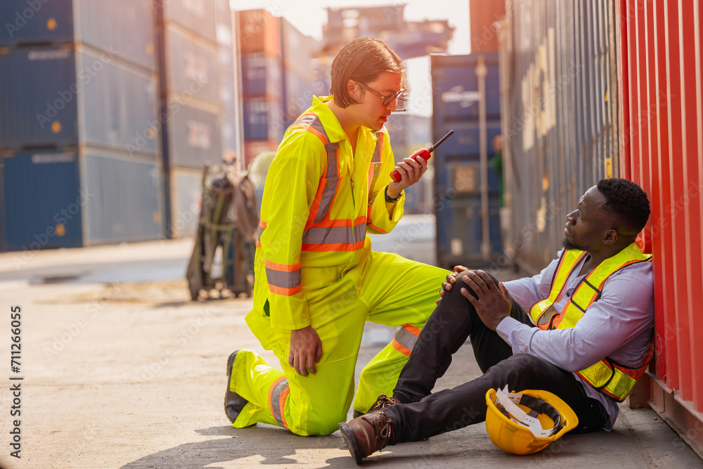 black african worker accident leg injury medic medical team staff help ...
