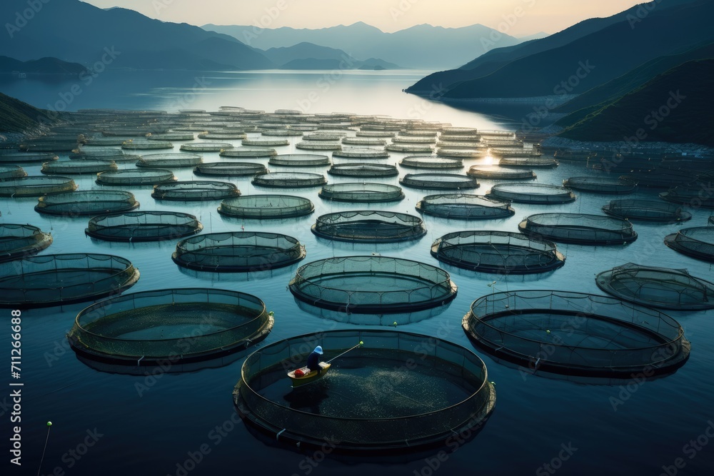 An extensive collection of fish cages floats effortlessly on the ...