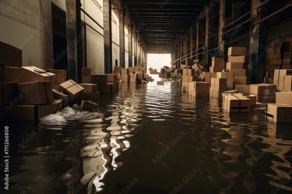 A hallway filled with boxes that are submerged in water due to flooding ...