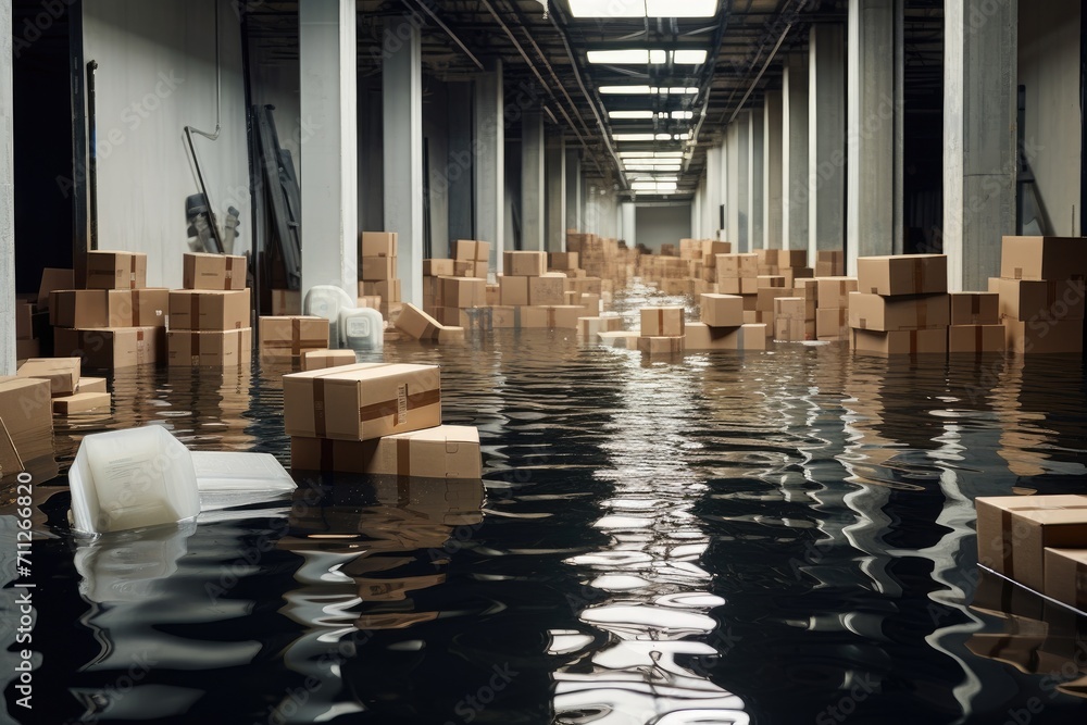 Flooded Warehouse Filled With Boxes and Boxes, Flooded warehouse with ...