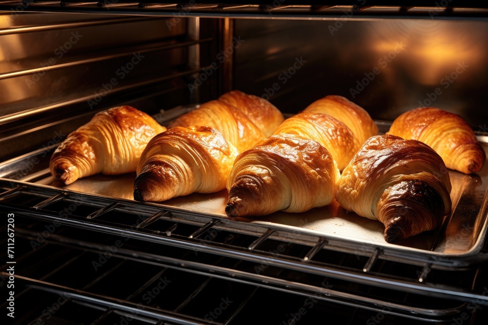 A variety of croissants baking inside an oven, ready to be beautifully ...