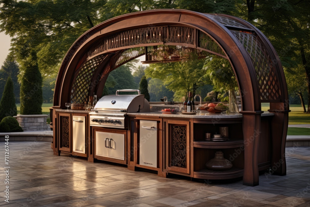 Outdoor Kitchen With Grill and Sink, Front view of an outdoor BBQ area ...