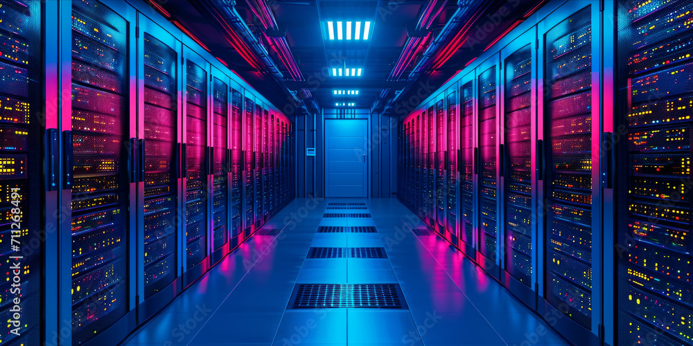 Illuminated data server center with rows of server racks in a ...