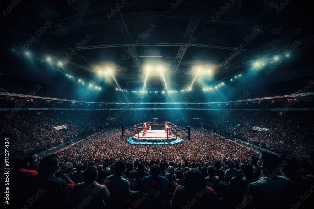 A thrilling boxing match is taking place in a crowded ring, filled with ...