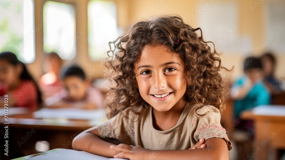 Smiling elementary school student in a class with a classmate behind ...