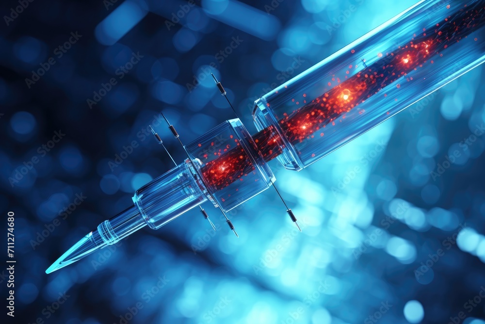 This medical image captures a syringe filled with red blood, providing ...