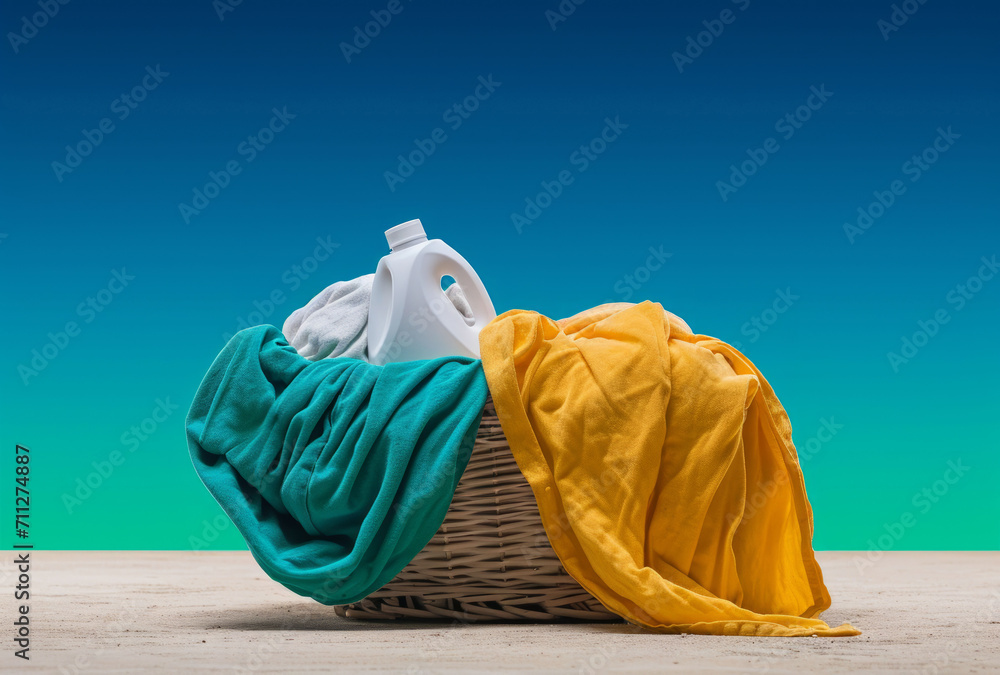 Clean, laundry and clothes in a washing basket at laundromat, home and ...