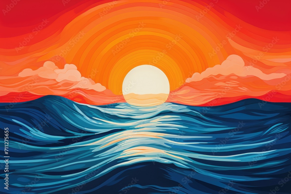 Painting of a Sunset Over the Ocean, Create an abstract representation ...