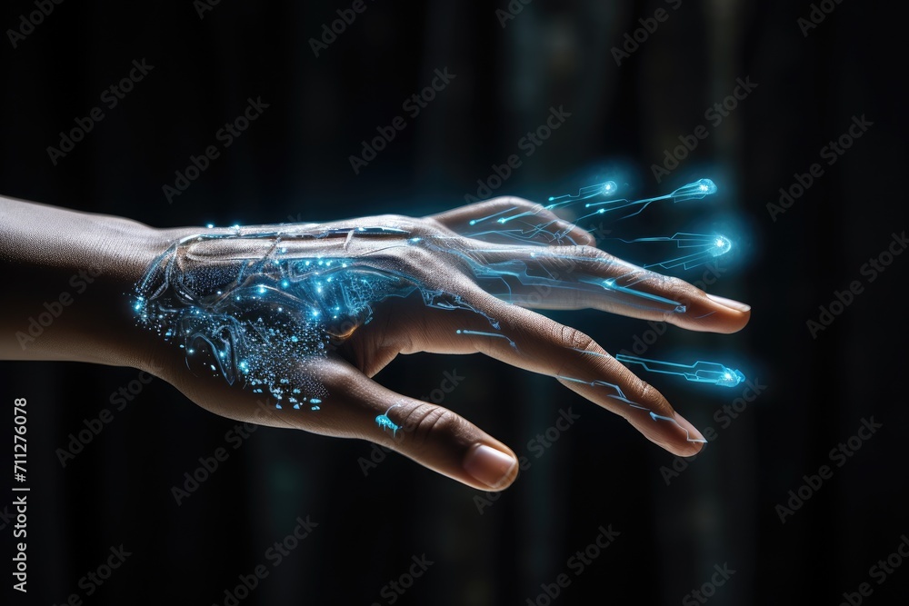 This image showcases a persons hand covered in glowing blue dots ...