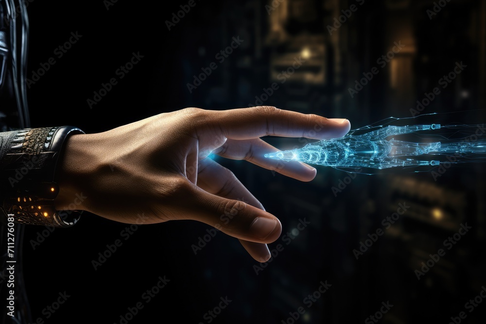 A persons hand reaching out to touch a glowing object, creating a ...