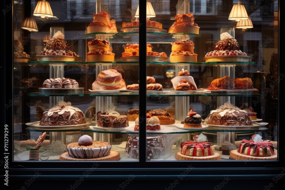 A display case filled with a colorful assortment of cakes, each one ...