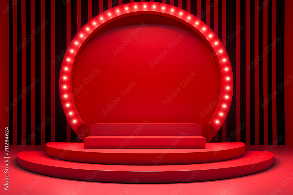 Red Wall Backdrop With Red Boxshaped Stand, A Red Stage With Lights ...