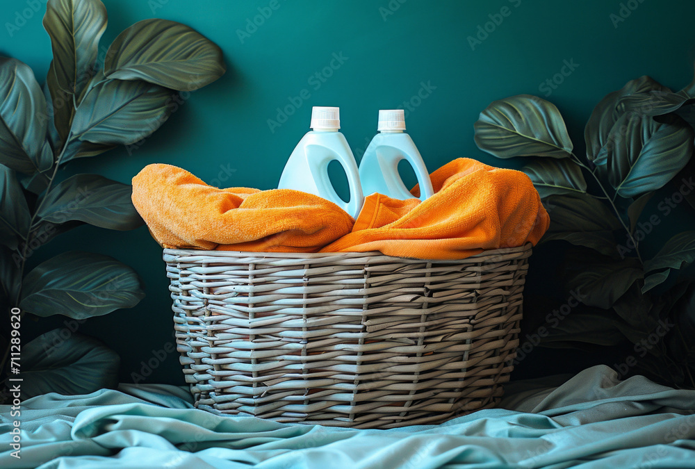 Clean, laundry and clothes in a washing basket at laundromat, home and ...