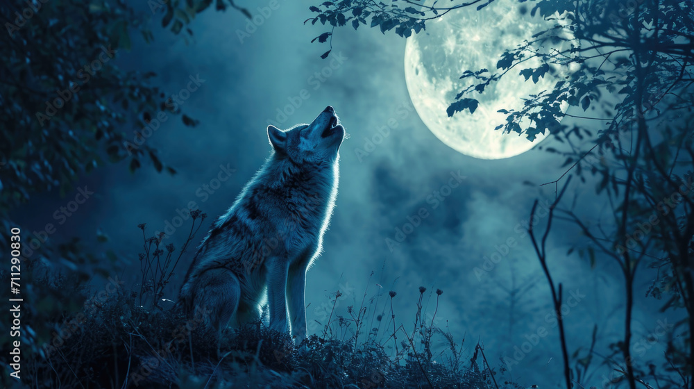 A lone werewolf, transformed by the magic of the full moon, raises its ...