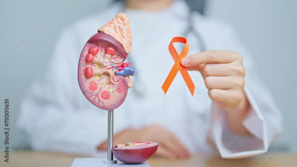 Doctor holding Orange ribbon with kidney Adrenal gland model. Kidney ...
