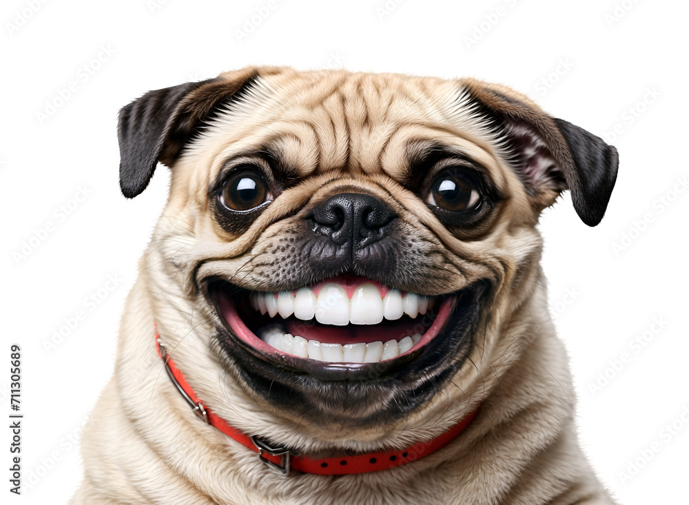 A smiling, cute pug dog with human teeth isolated on a transparent ...