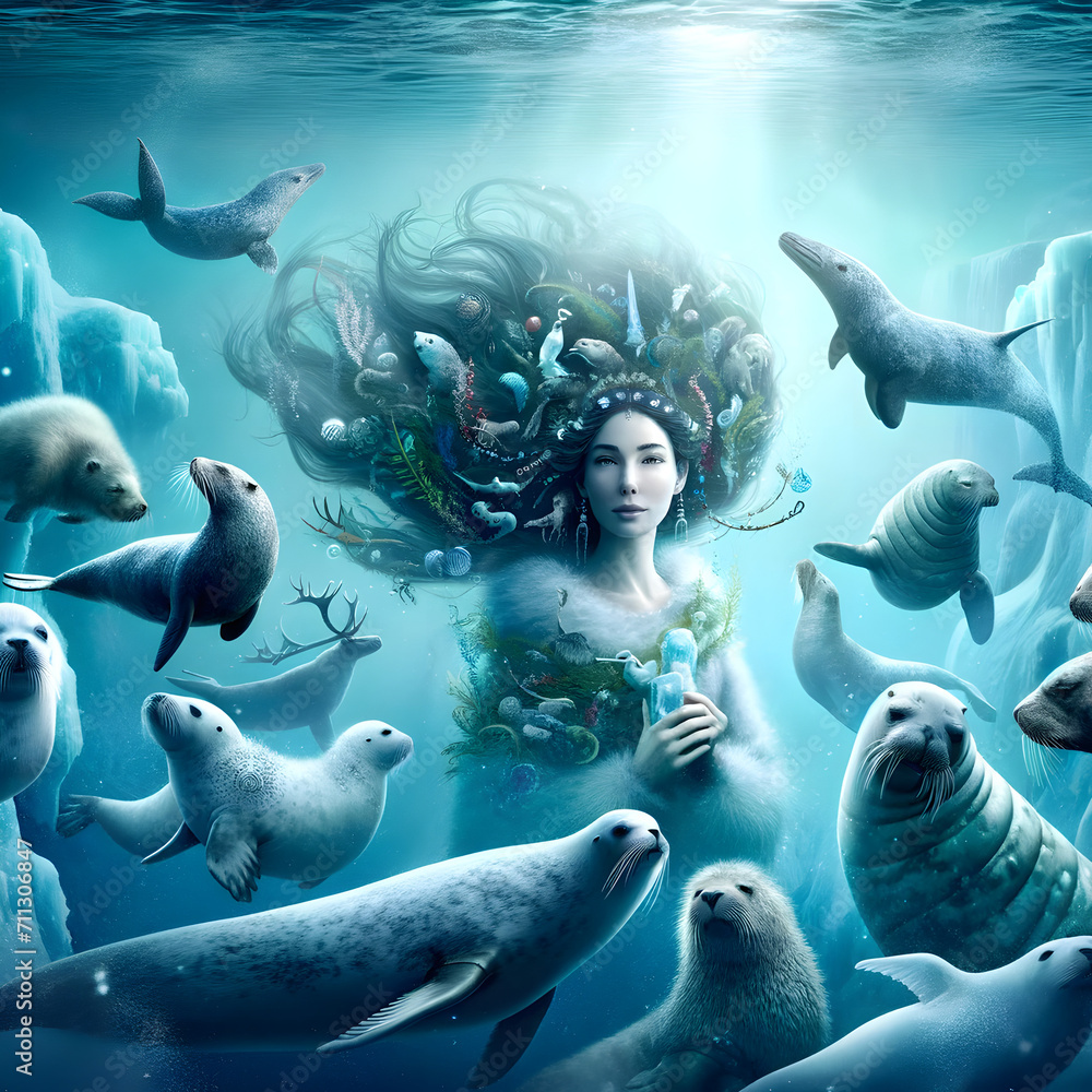 Sedna, the Inuit goddess of the sea, depicted as a beautiful woman with ...