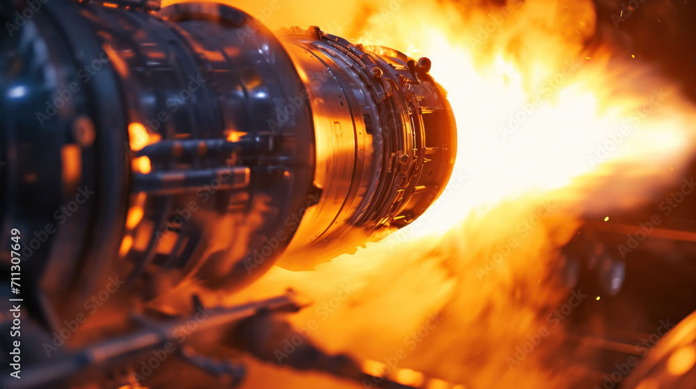 Rocket engines and fire ignition. Missile launch at night, close up ...