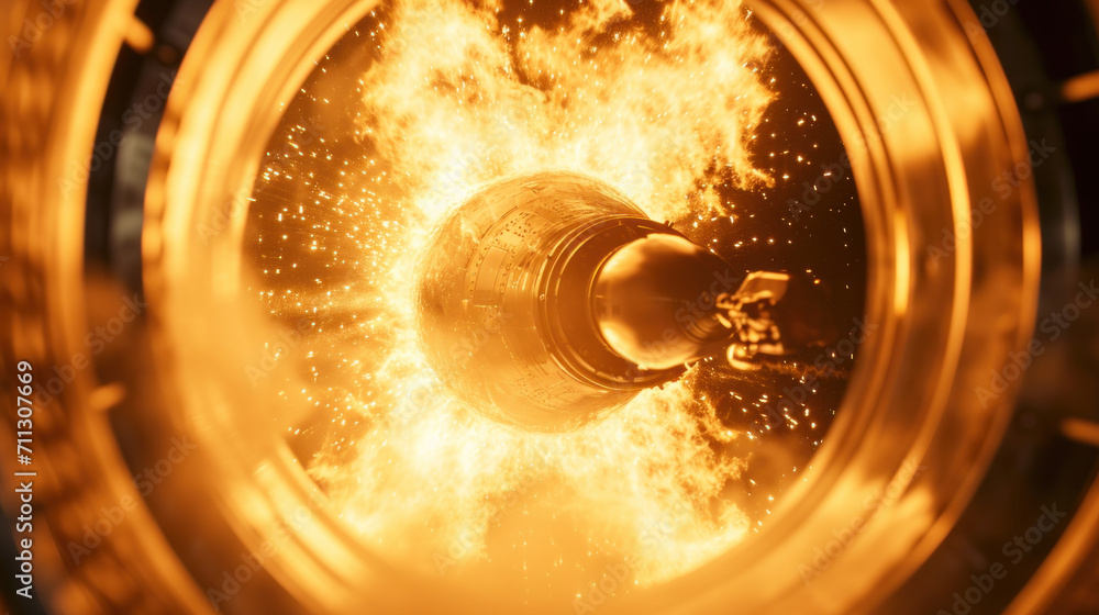 Rocket engines and fire ignition. Missile launch at night, close up ...