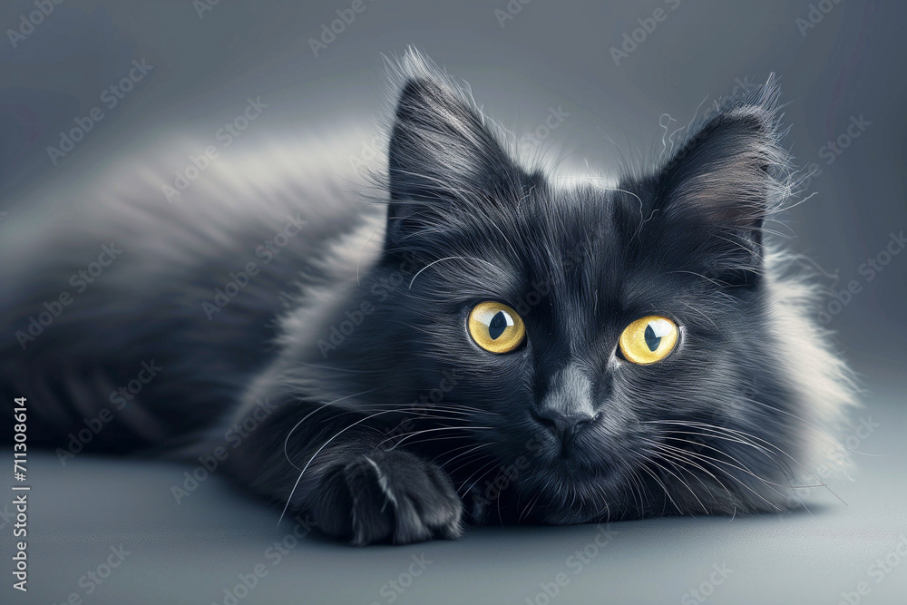 Beautiful, adorable black cat with shiny beautiful fur lying on the ...