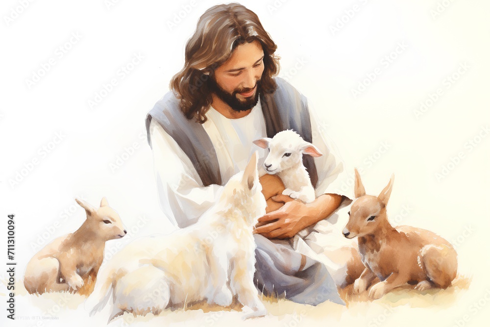 Jesus Christ with sheep and goat. Illustration on white background ...
