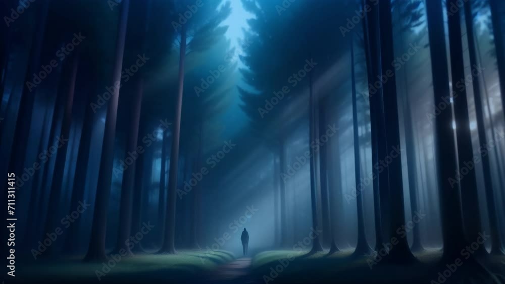 Dark scary forest covered with dense fog. Misty atmosphere and ...