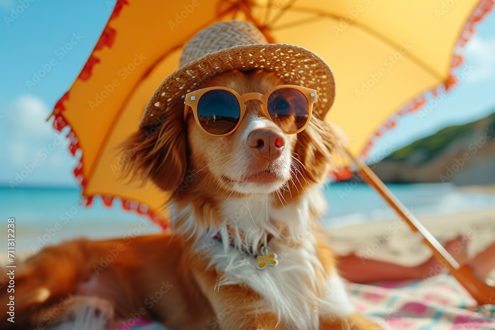 dog wearing sunglasses on the beach under beach umbrella Stock Photo ...