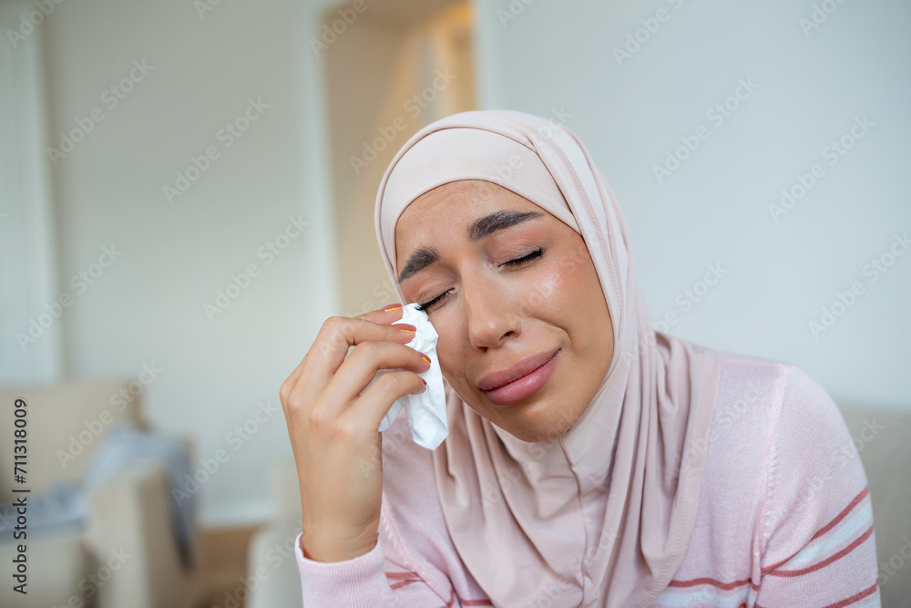 Depressed Muslim lady in hijab headscarf, sadness and frustration ...