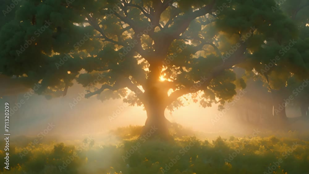 Magical tree with beautiful summer morning in the forest. Sun rays ...