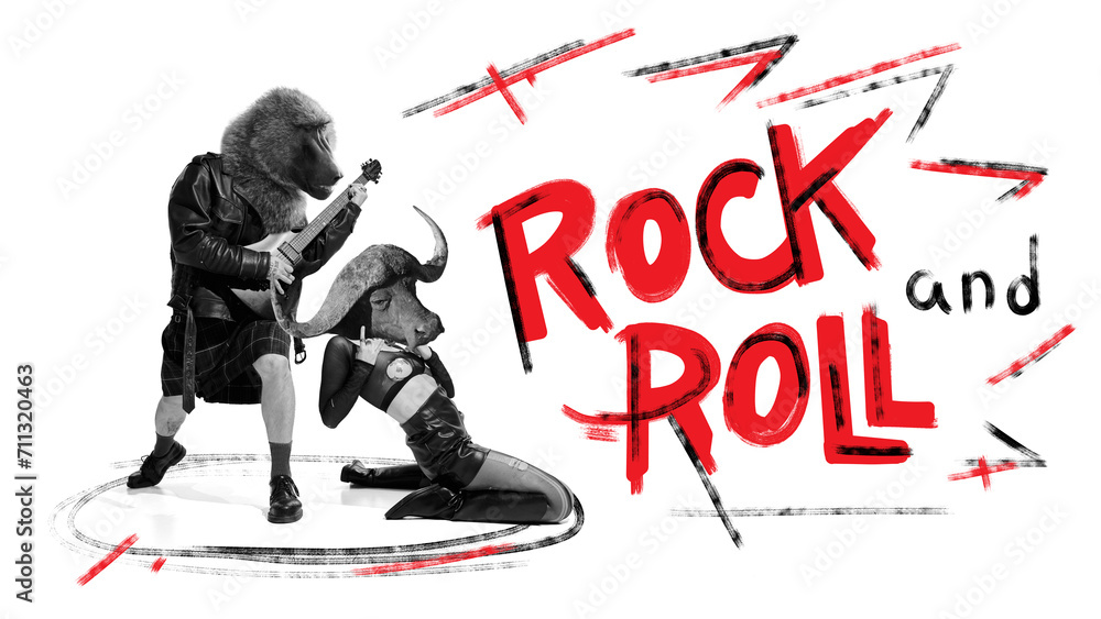Poster. Contemporary art collage. Rock group with wild animal spirit ...