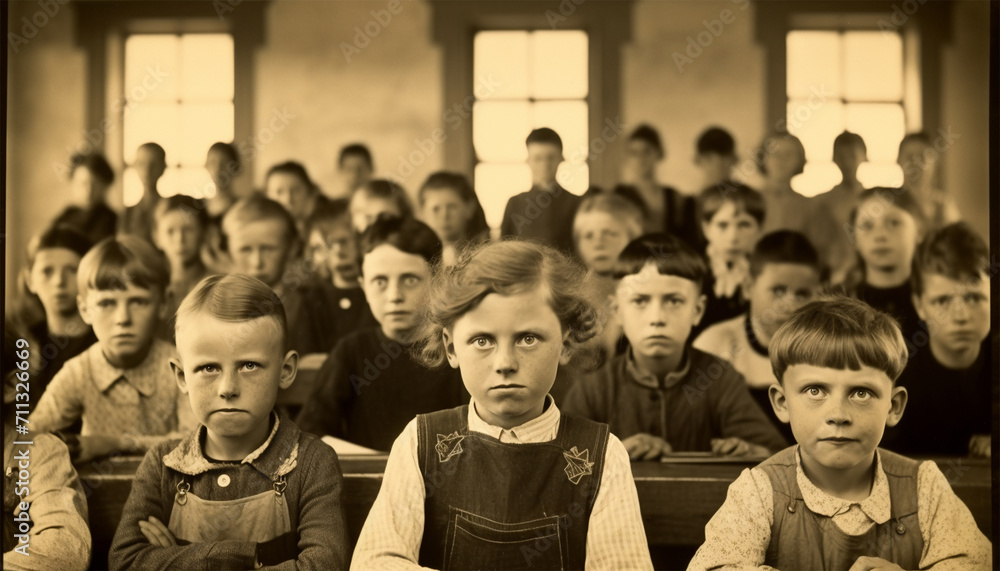 Vintage old portrait of school children. Antique photo. Retro picture ...