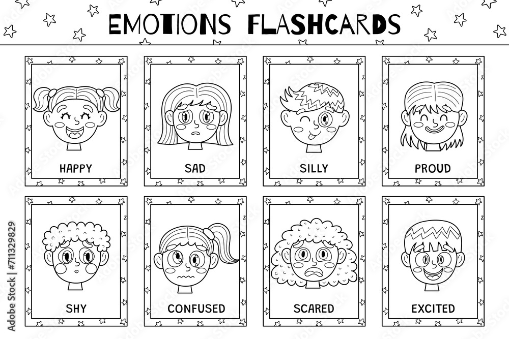 Emotions flashcards black and white collection. Flash cards set with ...