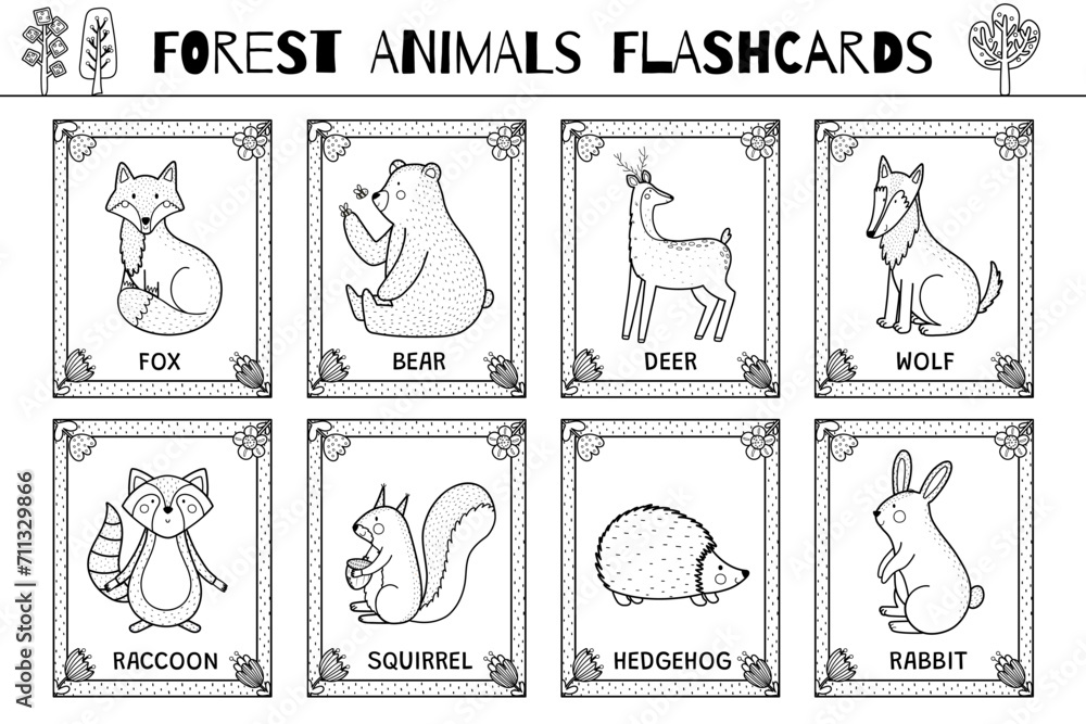 Forest animals flashcards black and white collection for kids. Flash ...