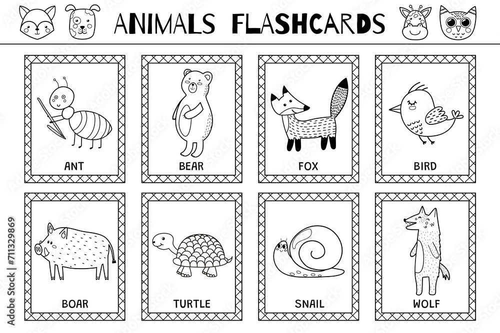 Animals flashcards black and white collection for kids. Flash cards set ...
