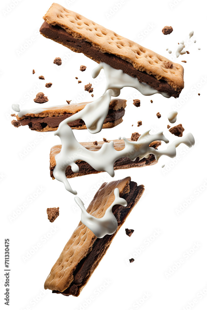 falling cookies biscuit with wilk splashing , isolated on a transparent ...