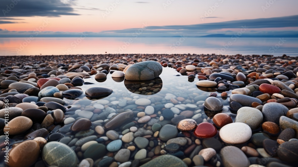 Reflection shots capturing the artistic arrangement of beach pebbles ...