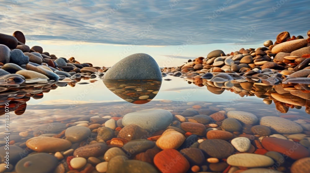 Reflection shots capturing the artistic arrangement of beach pebbles ...