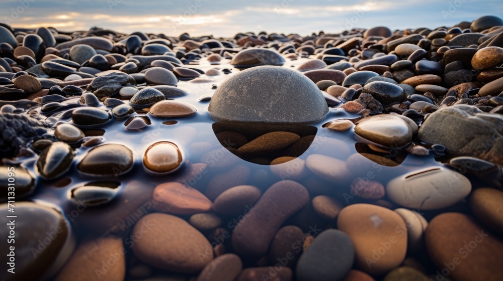 Reflection shots capturing the artistic arrangement of beach pebbles ...