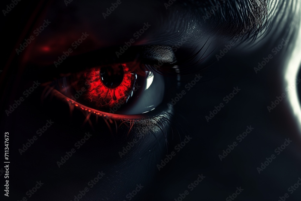 Woman's red eye in the dark. Piercing eyes. Burning demonic eyes. Copy ...