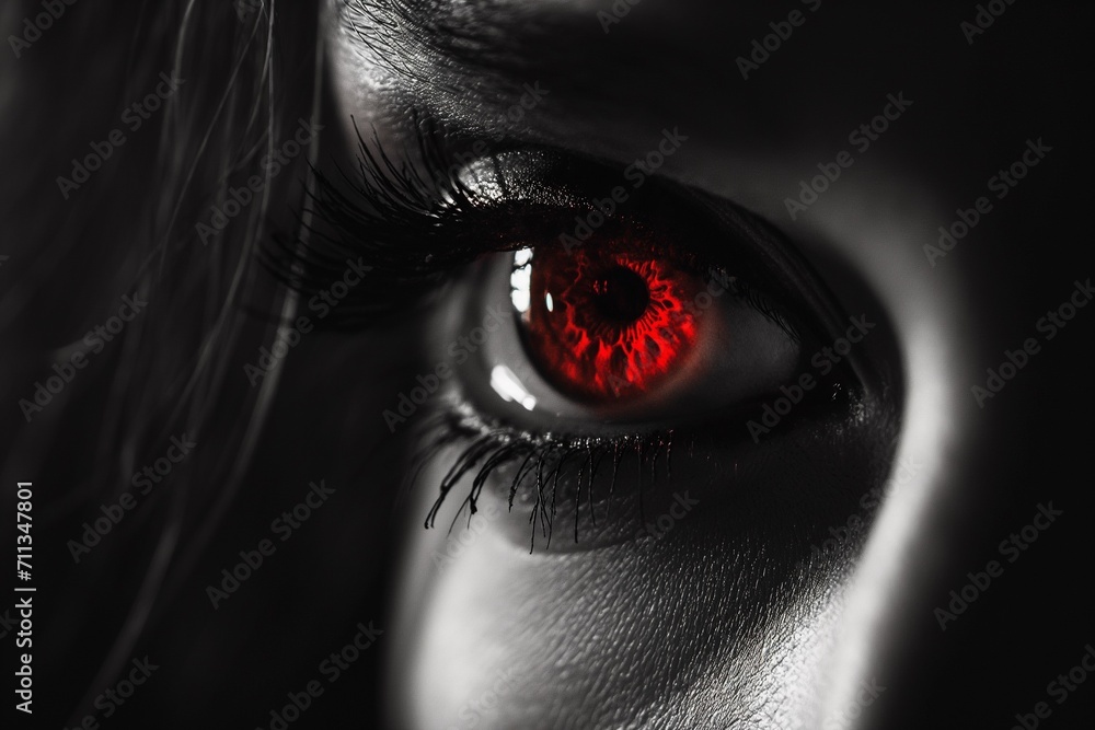 Woman's red eye in the dark. Piercing eyes. Burning demonic eyes. Copy ...