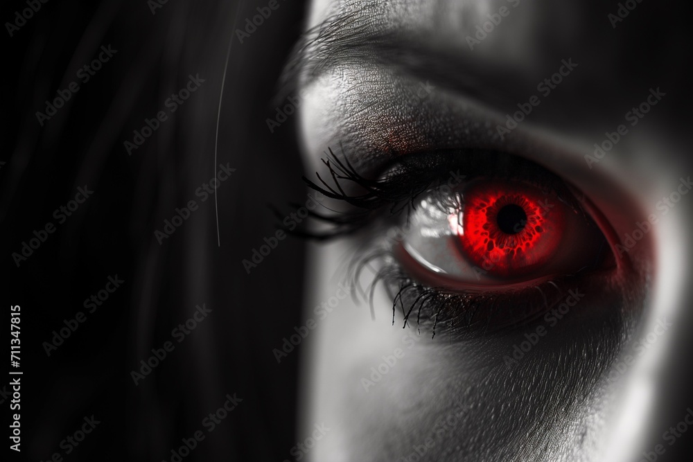 Woman's red eye in the dark. Piercing eyes. Burning demonic eyes. Copy ...
