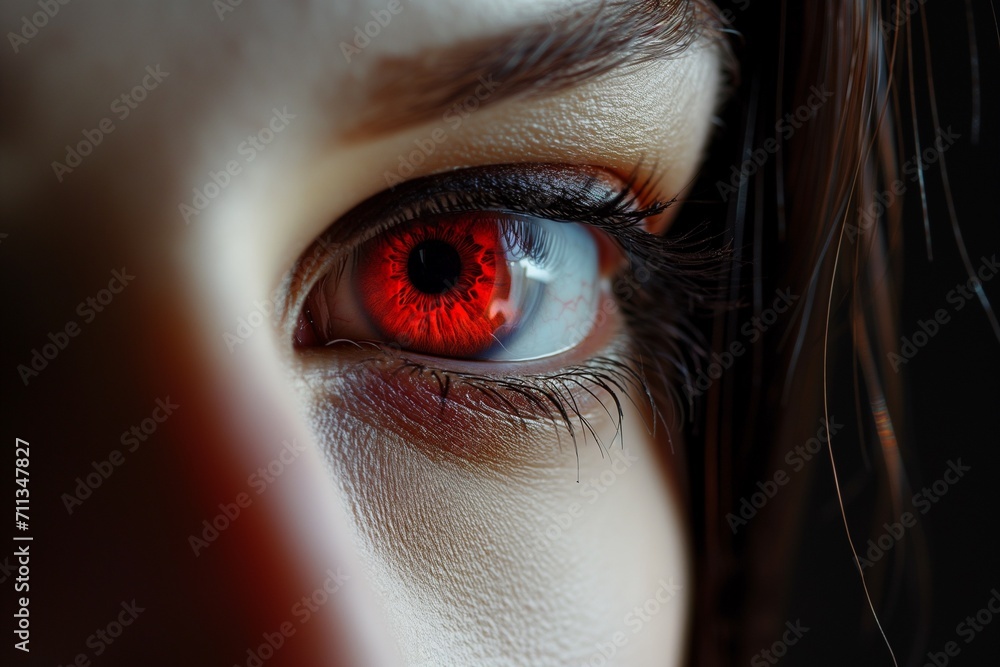 Woman's red eye in the dark. Piercing eyes. Burning demonic eyes. Copy ...