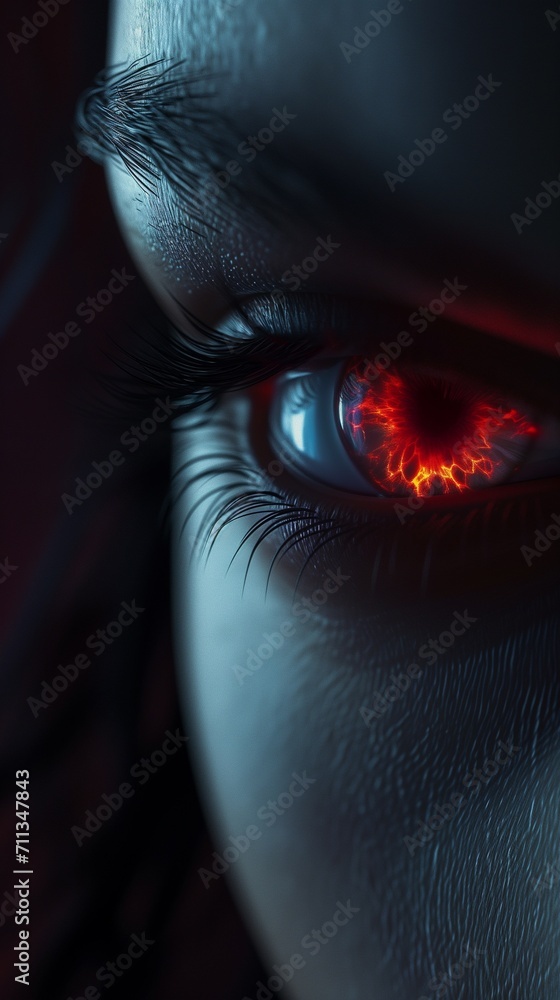 Woman's red eye in the dark. Piercing eyes. Burning demonic eyes. Copy ...