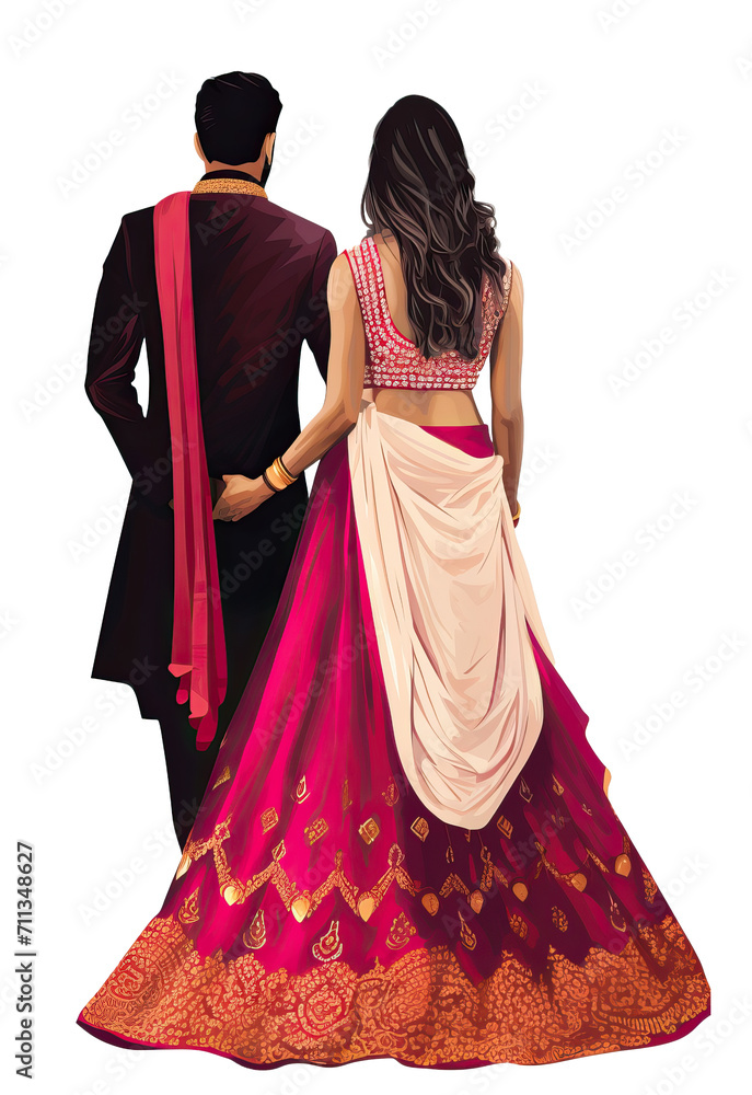 Indian wedding couple bride and groom back view isolated on transparent ...
