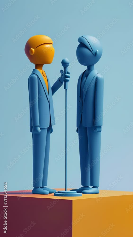 Cartoon digital avatars of a dynamic duo of speakers on a podium, one ...