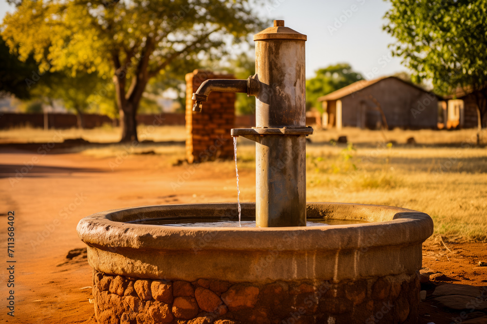 Rustic hand-pump water well in a rural setting with flowing water at ...