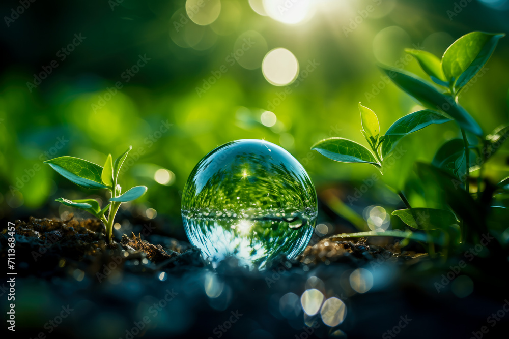 A crystal-clear glass sphere reflecting the surrounding greenery amid ...